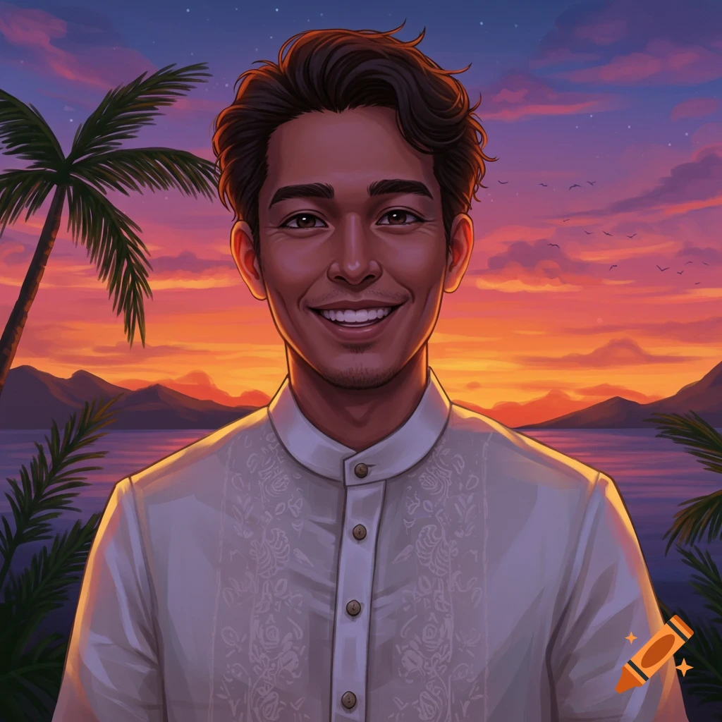 Smiling Filipino man in a traditional embroidered shirt against a ...