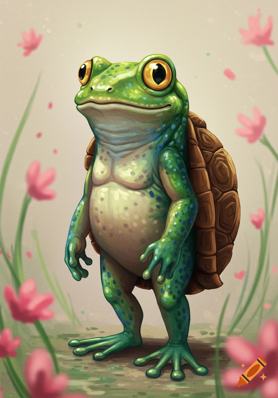 Illustration of a frog standing upright with a turtle shell on its back ...