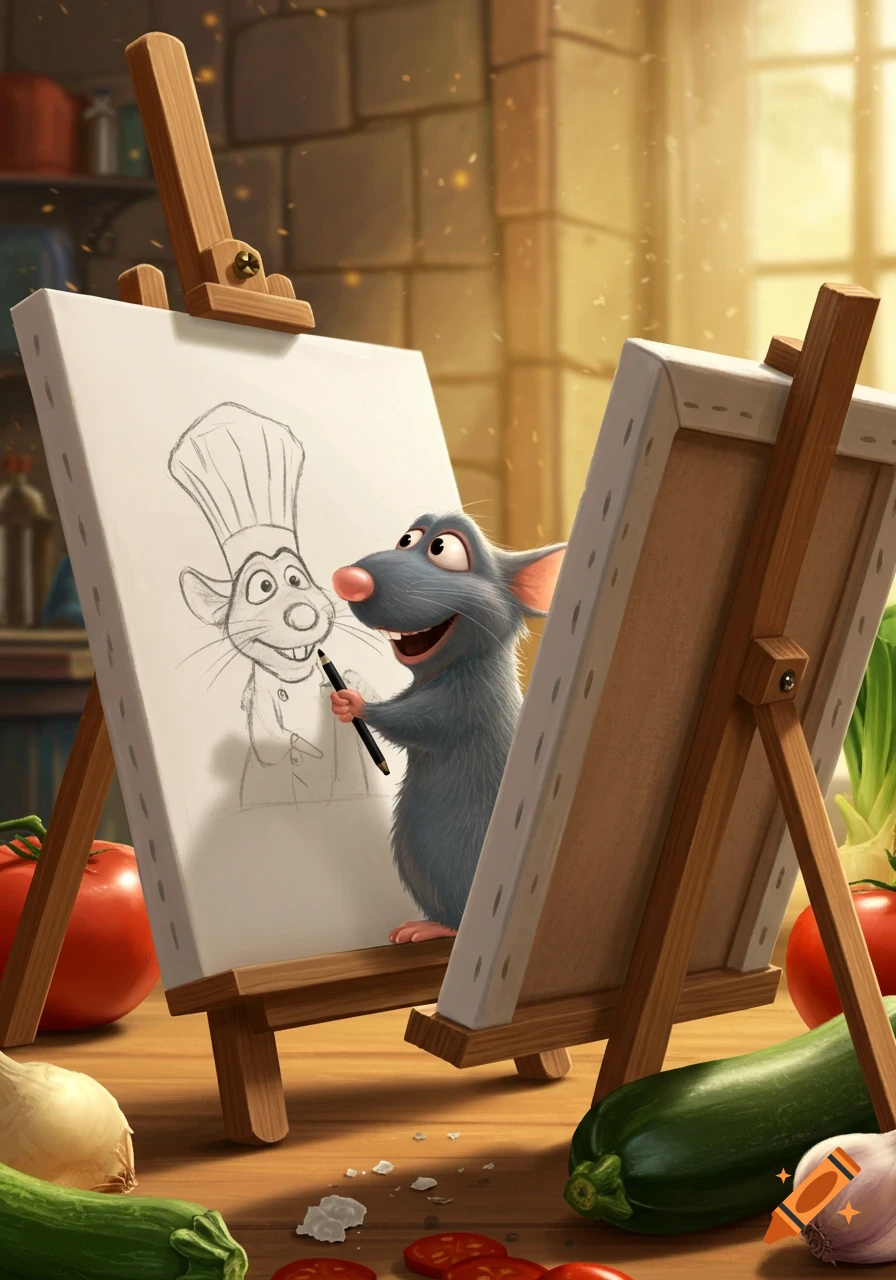 Cartoon rat wearing a chef hat drawing a self-portrait on an easel ...