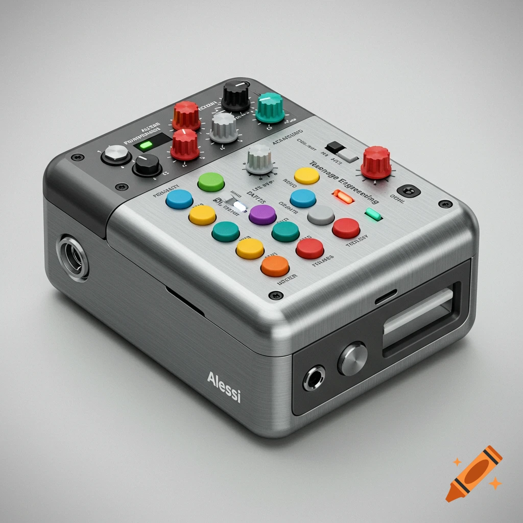 Small silver and black hardware device with colorful buttons and knobs ...