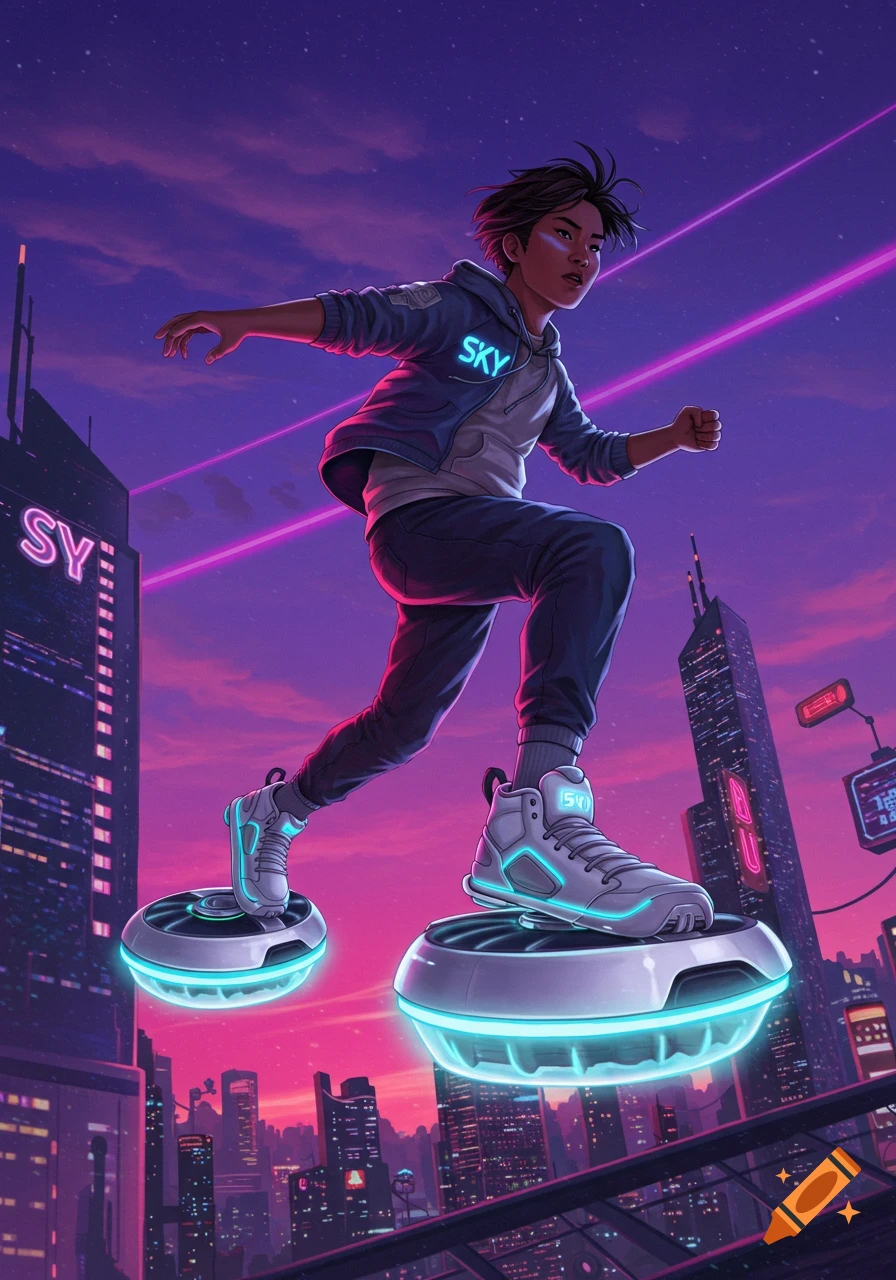 Young person rides hover shoes over futuristic city skyline at sunset ...