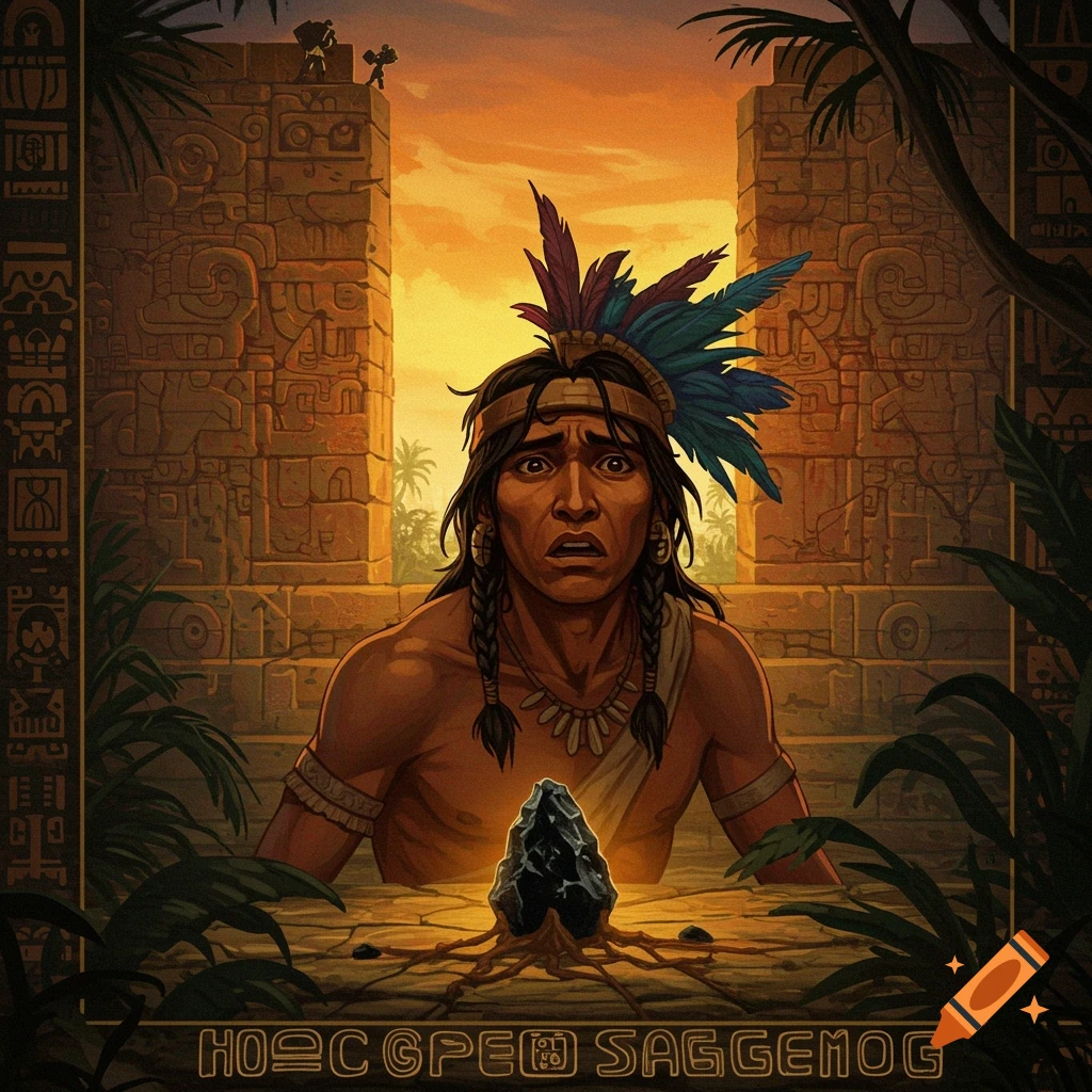 Illustrated album cover art of a scared indigenous man in front of ...