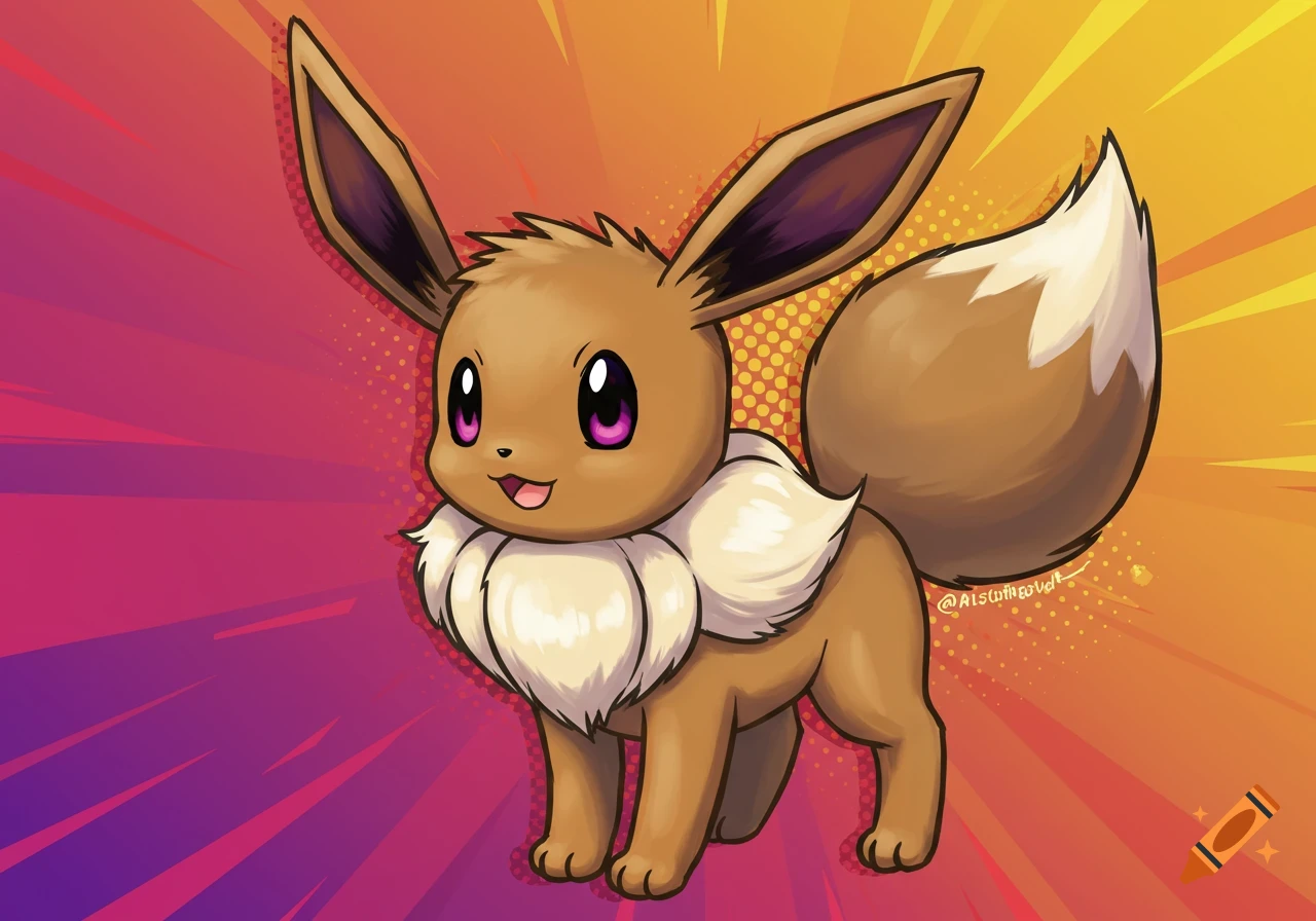 A cute, cartoon Eevee stands in front of a colorful background with ...