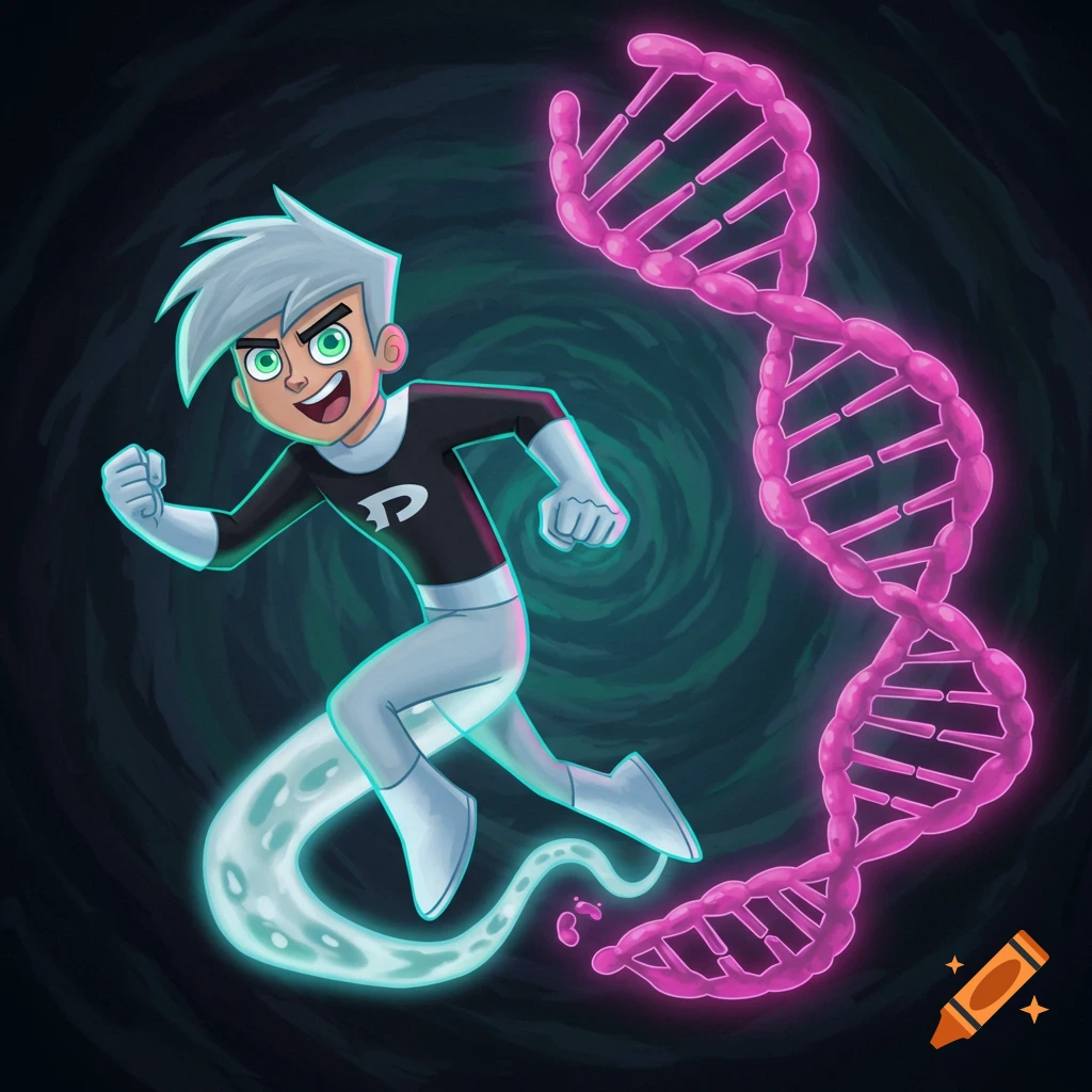 Cartoon character Danny Phantom with a glowing tail transforming into a ...