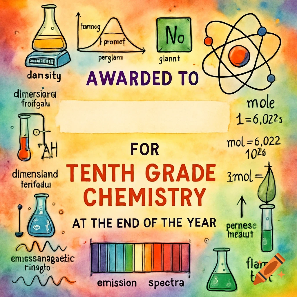 A colorful, watercolor-style chemistry award certificate design ...