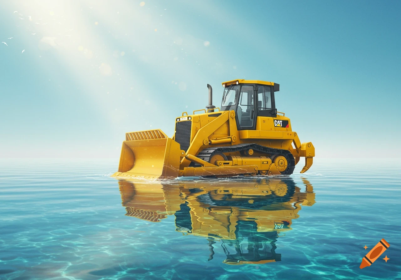 Yellow bulldozer in shallow water with reflection under a bright sky ...