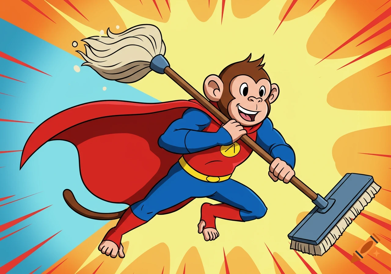 A cartoon monkey superhero holds a mop on Craiyon