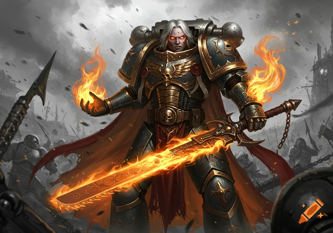 Pyromancer in dark sci-fi power armor with white hair, holding a ...