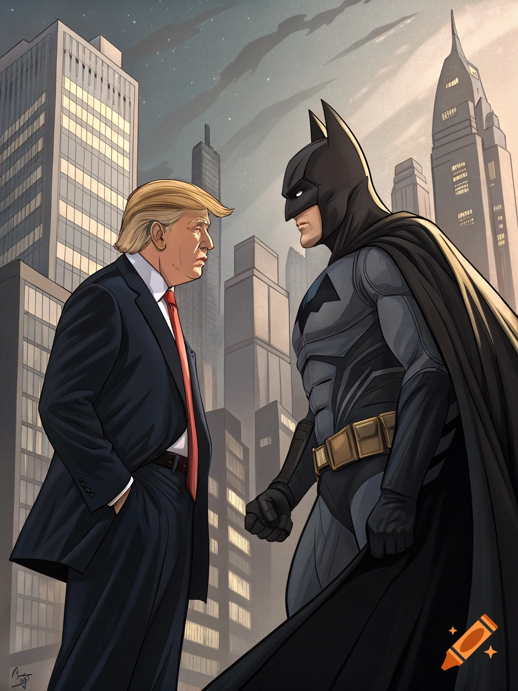 Donald Trump and Batman stand facing each other in a city, comic book ...