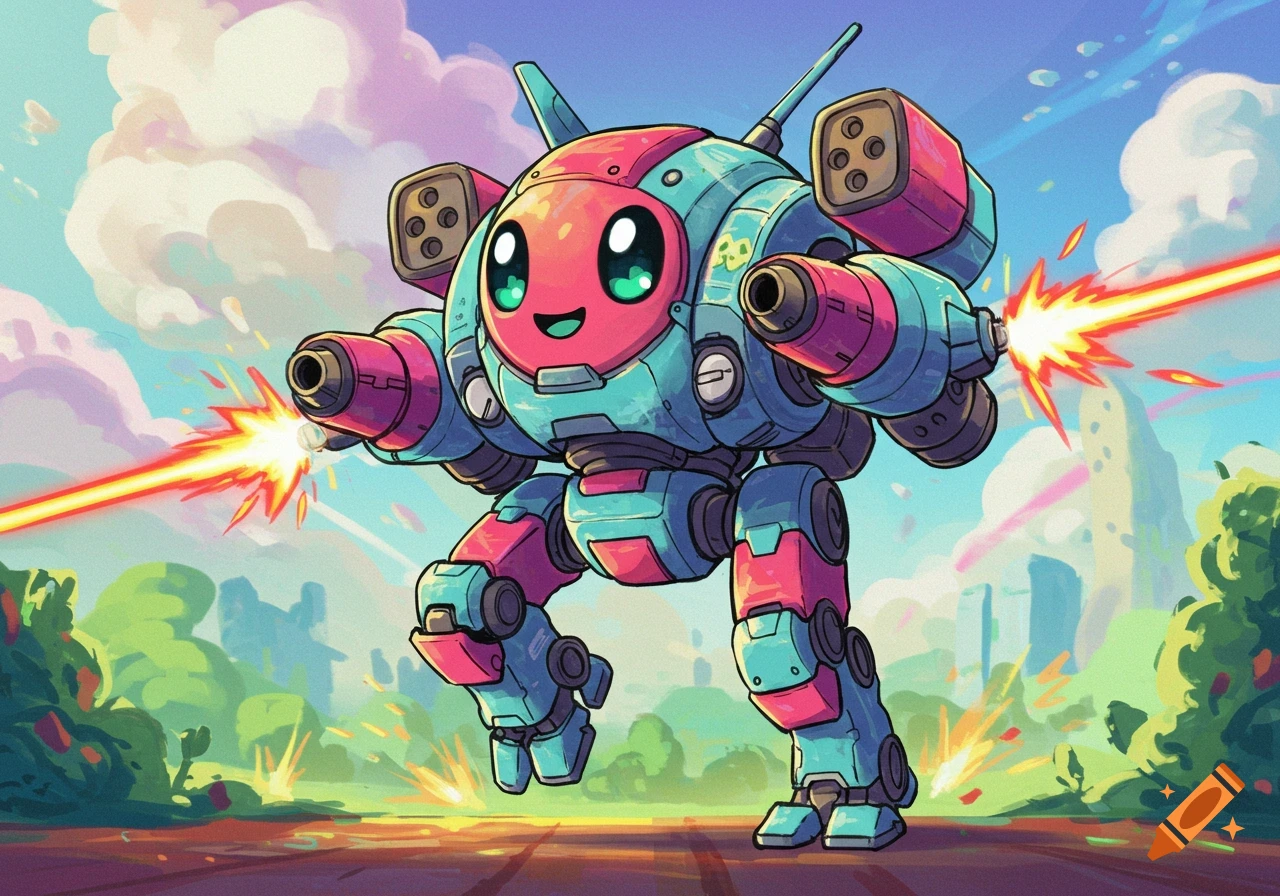 A cute cartoon combat mech shoots lasers in a sunny landscape. on Craiyon