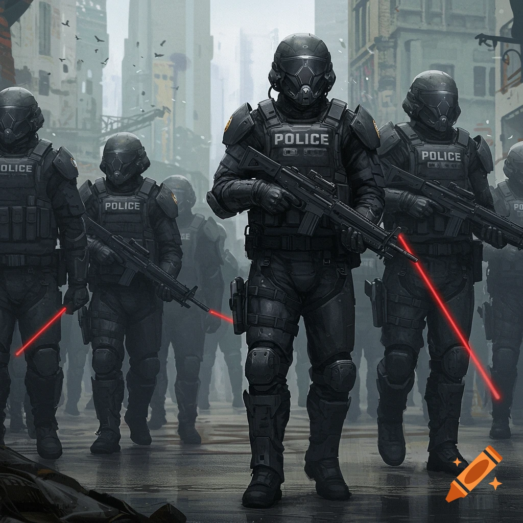 Futuristic police force in dark armor holding rifles with red lasers in ...
