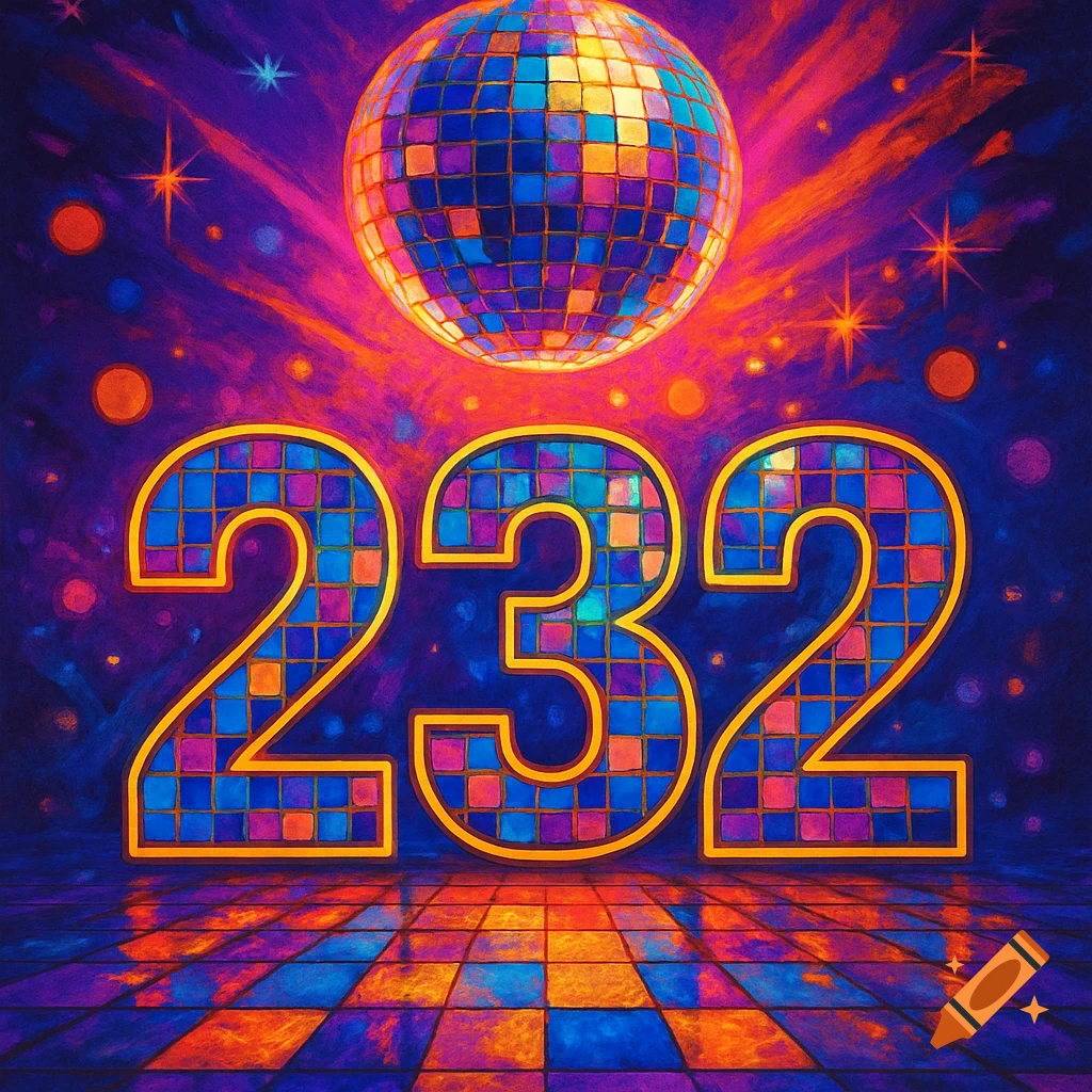 The large numbers 232 under a disco ball, in a vibrant, colorful disco ...