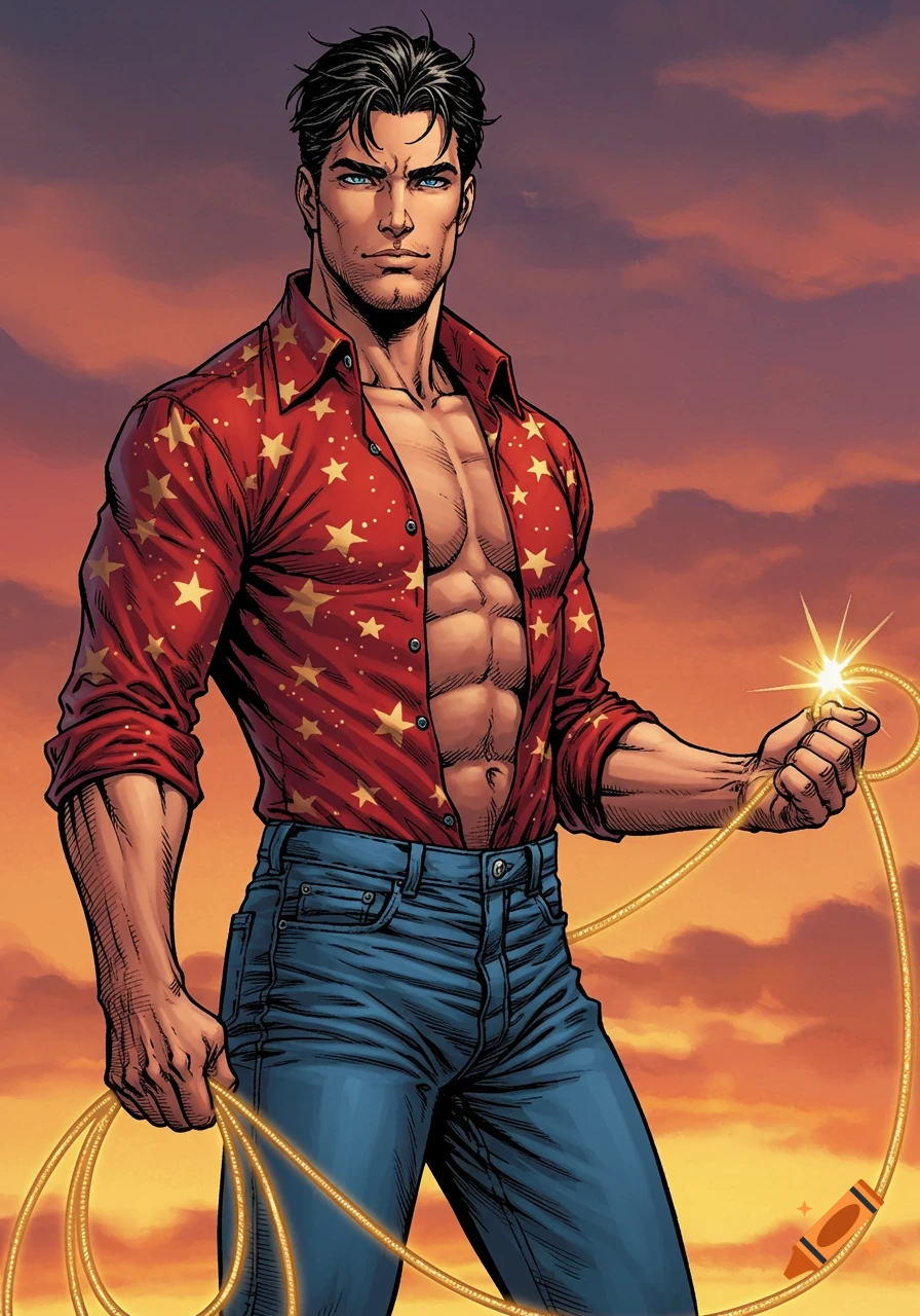 Comic art of muscular man in star shirt holding a golden lasso at ...