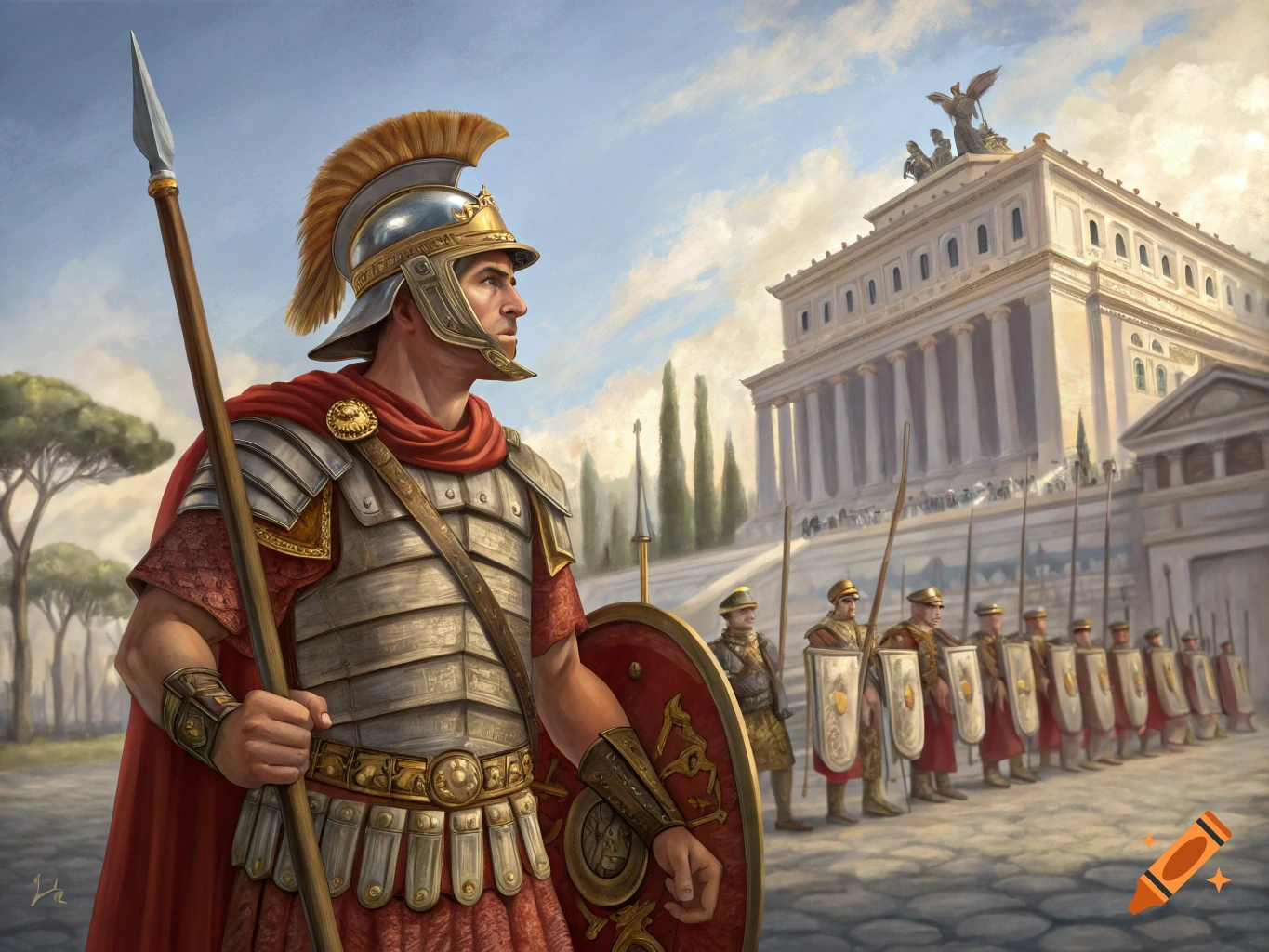 Roman soldier in armor with spear and shield stands before other ...