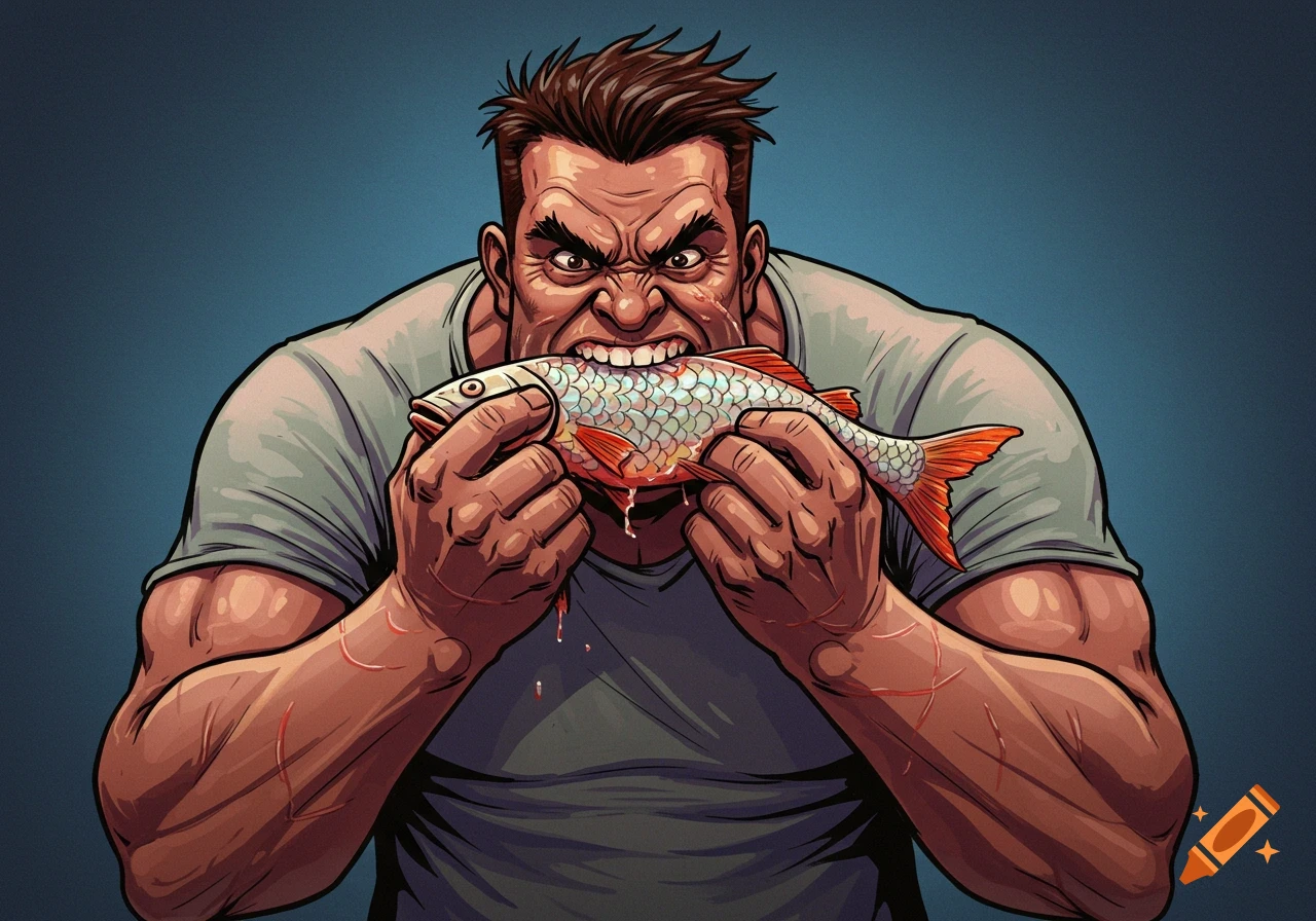 Illustration of an angry man aggressively biting into a raw fish. on ...