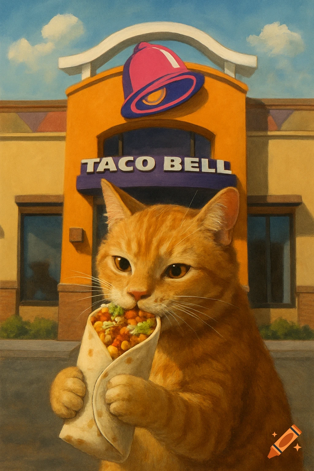 An orange cat eats a burrito in front of a Taco Bell restaurant ...