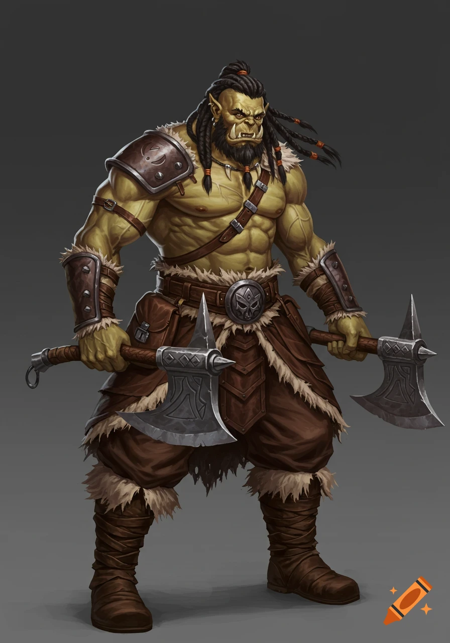Digital illustration of a muscular orc barbarian with braided dreadlocks, dual-wielding battle ...