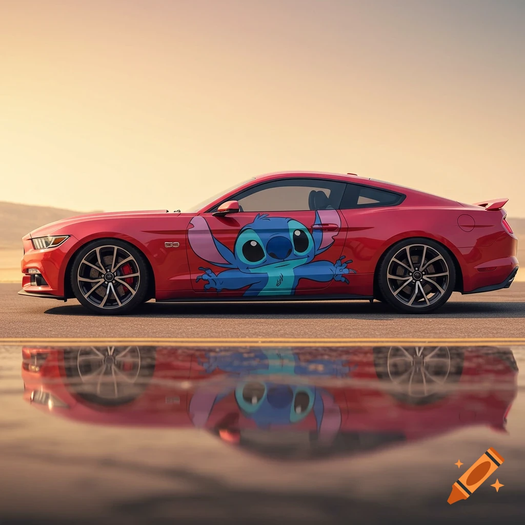 Red Ford Mustang with a large Stitch decal parked on a reflective road ...