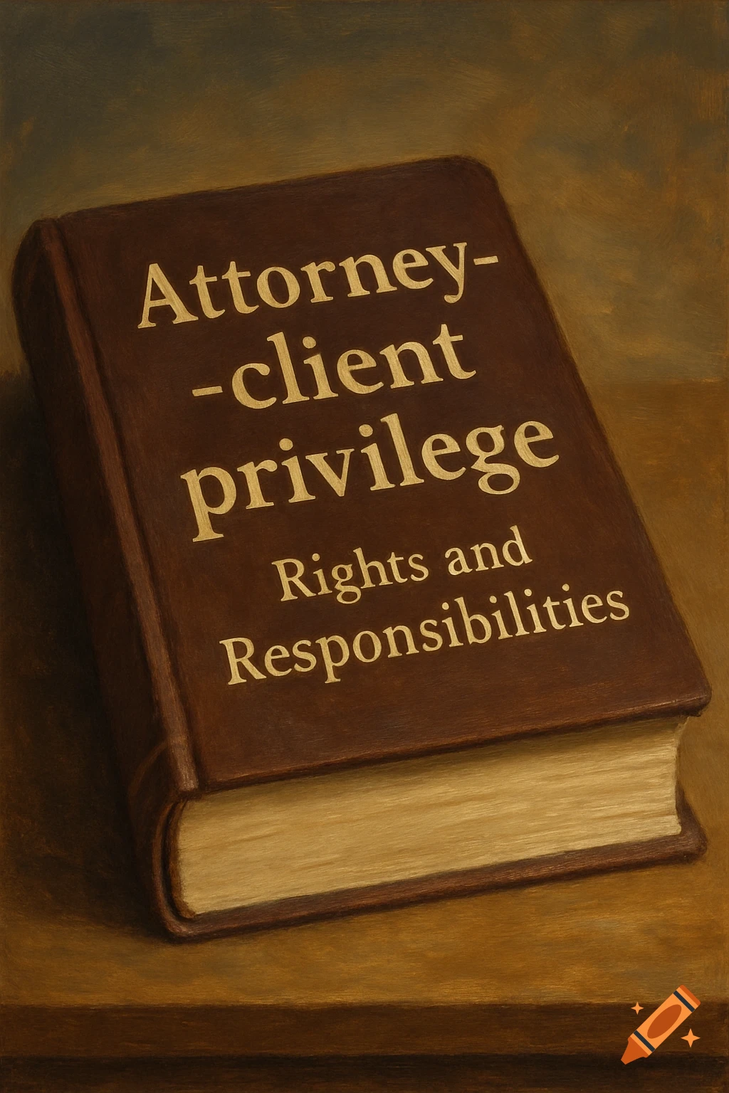 Close-up oil painting of a brown book titled "Attorney-client privilege ...