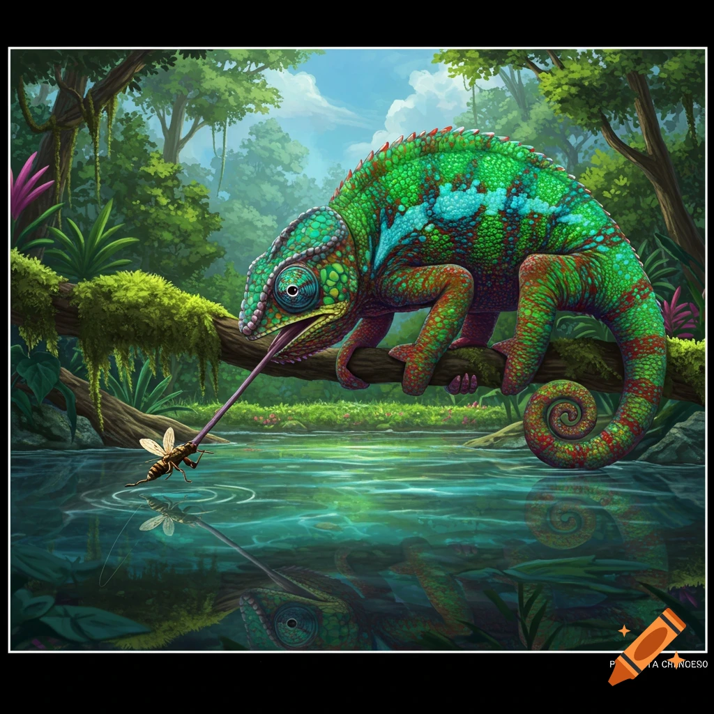 A colorful chameleon on a branch over water catches a flying insect ...