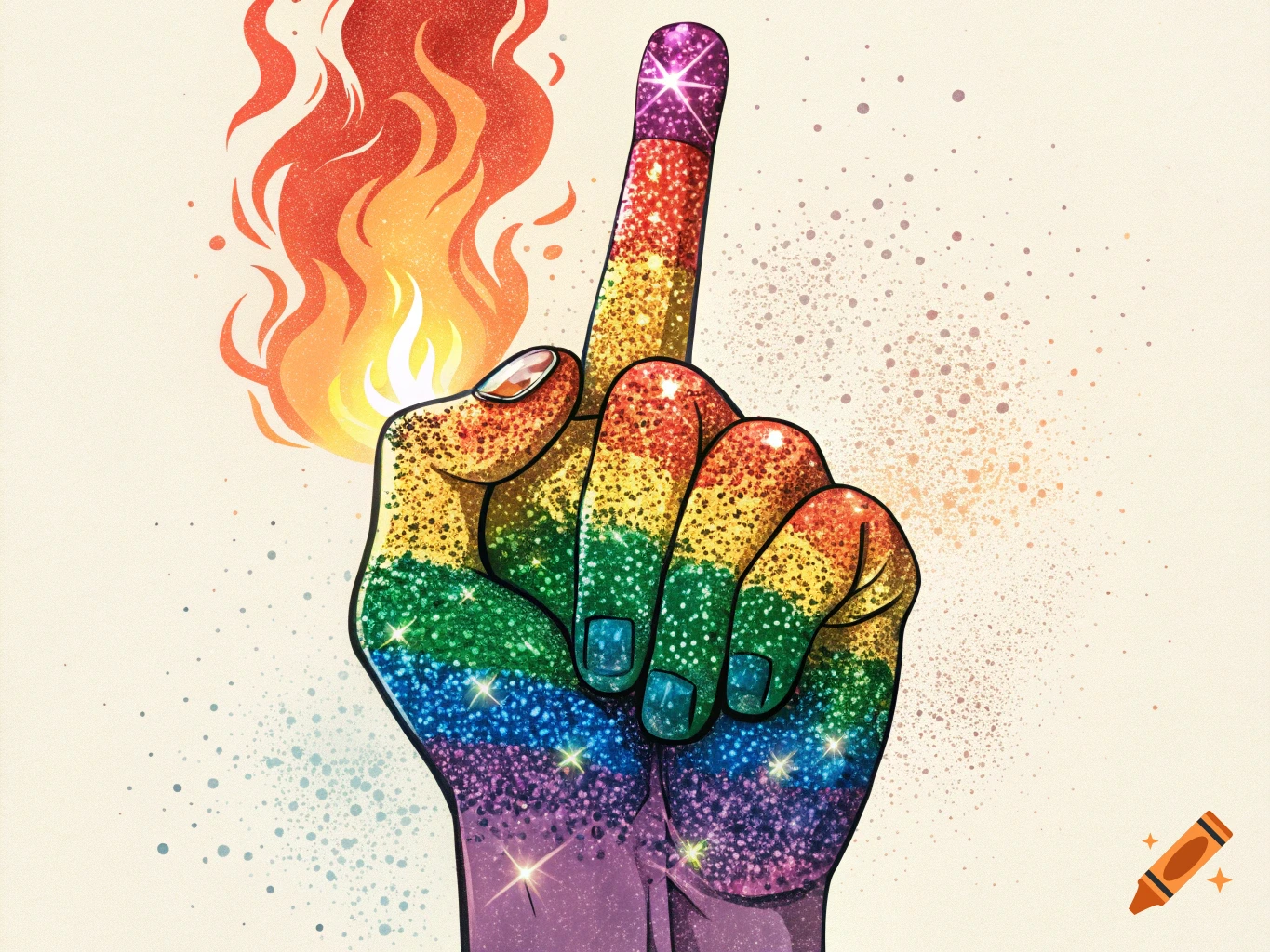 Hand with middle finger raised, covered in rainbow glitter, with flames ...
