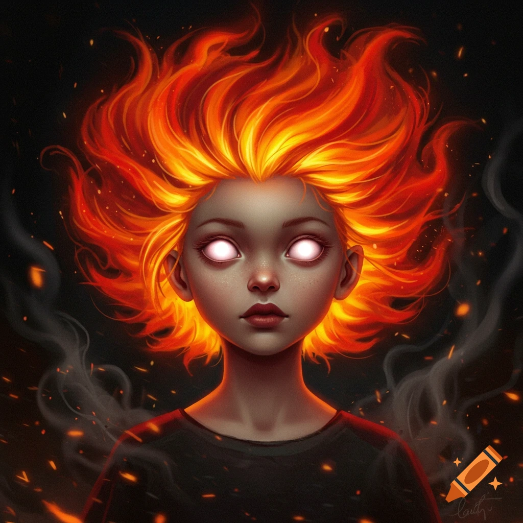Digital painting of a girl with fiery hair and glowing white eyes ...