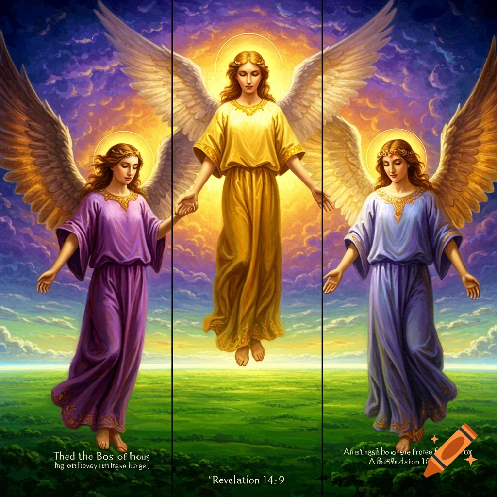 Three angels with wings and halos stand in a vibrant landscape under a dramatic sky in a ...