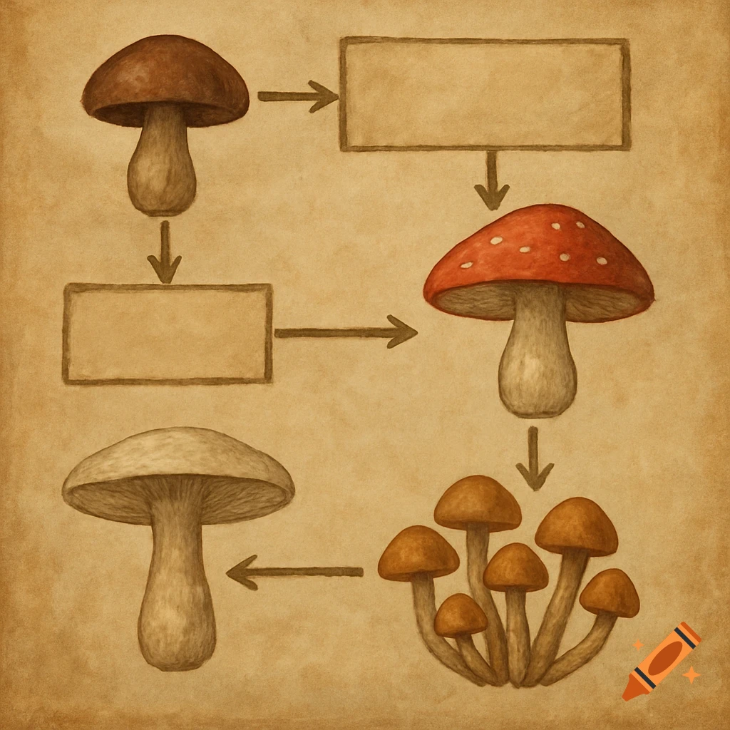 Illustrated flow chart featuring various types of mushrooms connected ...