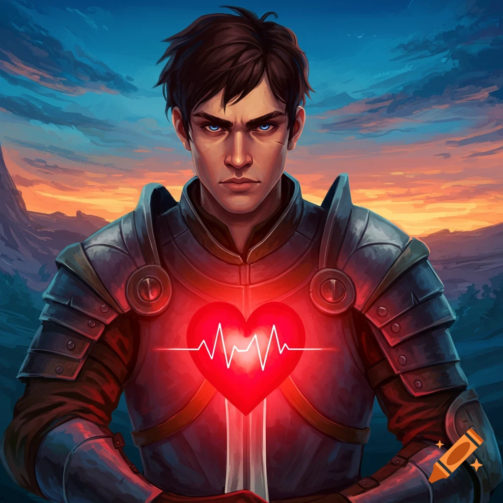 Fantasy portrait of a warrior in armor with a glowing red heart and ECG ...