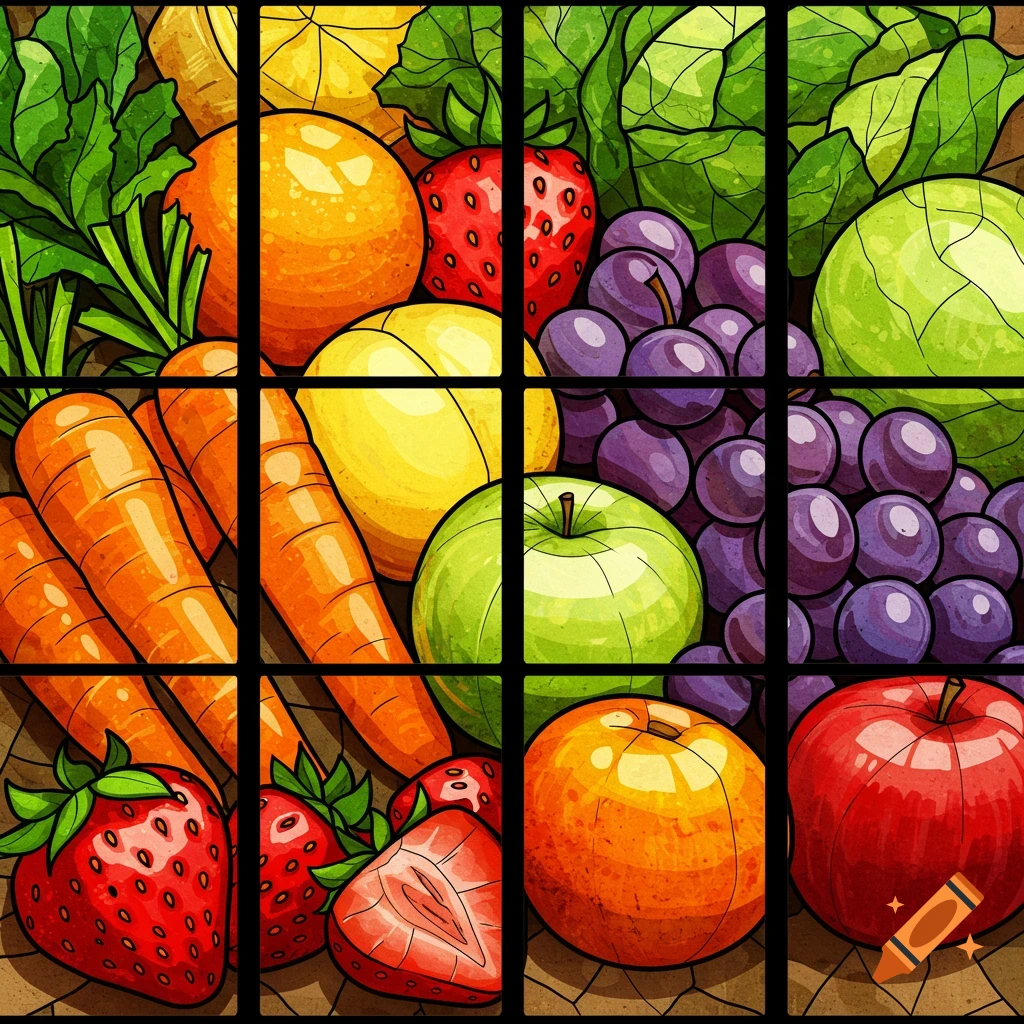 Stained glass mosaic of fruits and vegetables including carrots ...