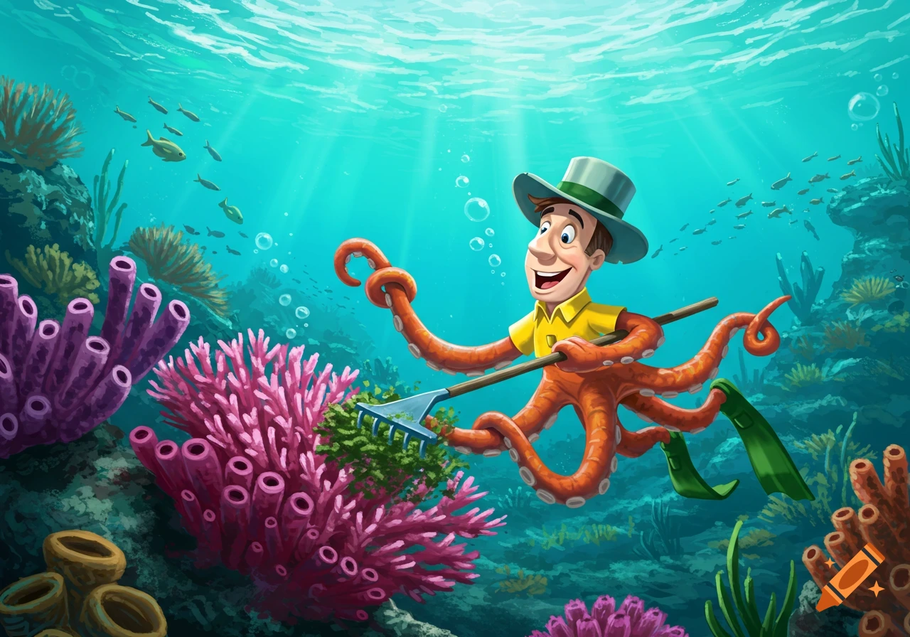 Cartoon man-octopus hybrid gardening coral reef underwater on Craiyon