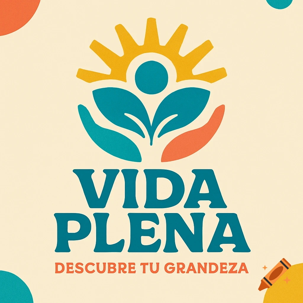 Logo for Vida Plena with hands holding leaves, sun symbol, and text. on ...