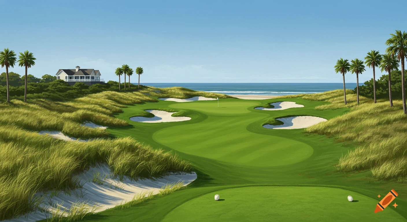 Painted golf course on a coastline with sand traps, palm trees, and a house overlooking the ...