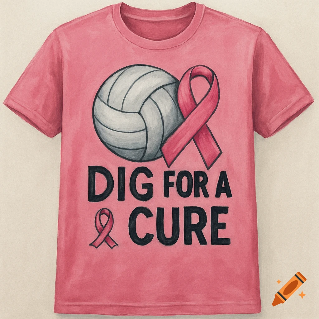 Pink t-shirt with volleyball, pink ribbon, and text 'Dig For A Cure ...