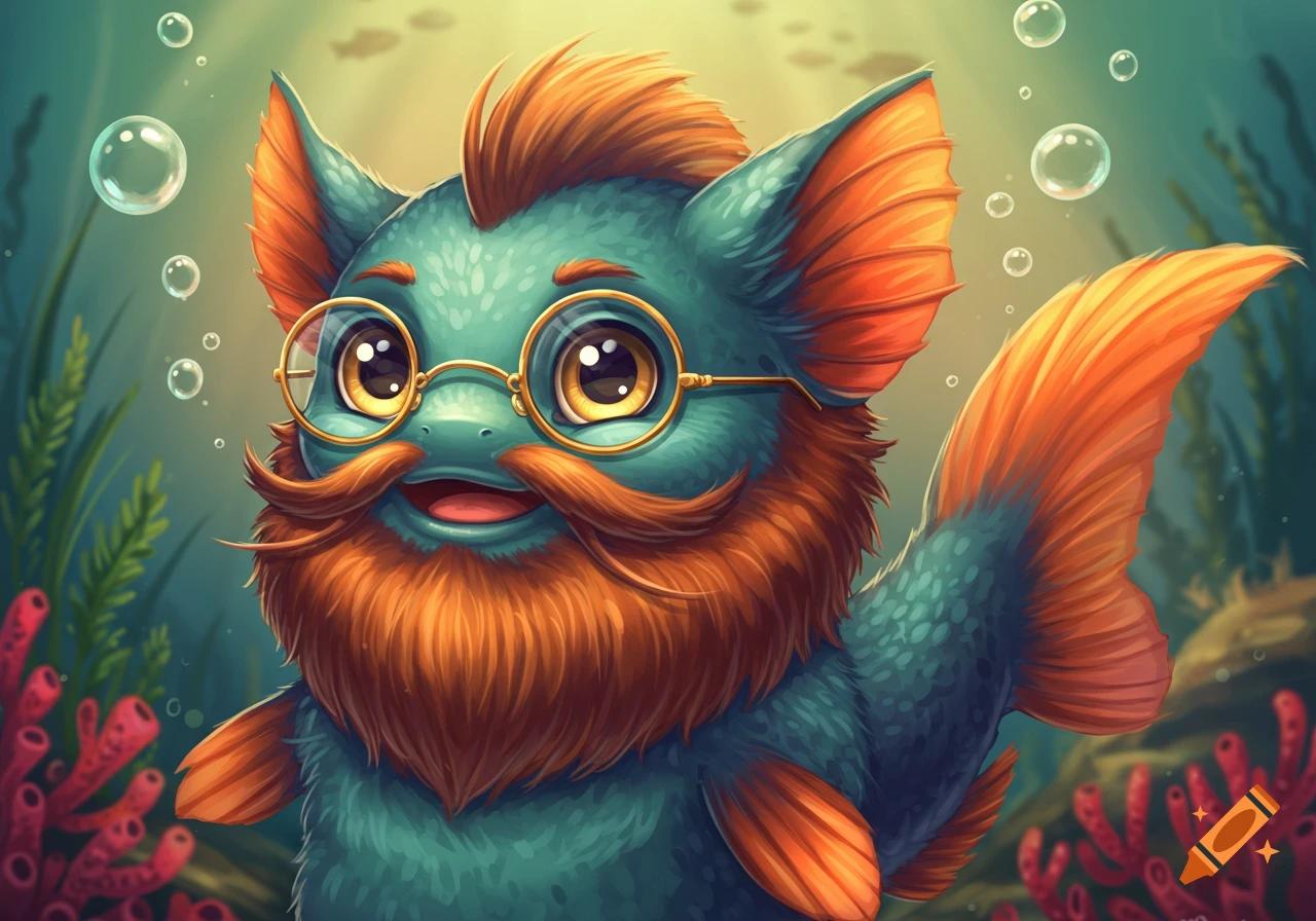 Cute cartoon catfish creature with beard and glasses underwater on Craiyon