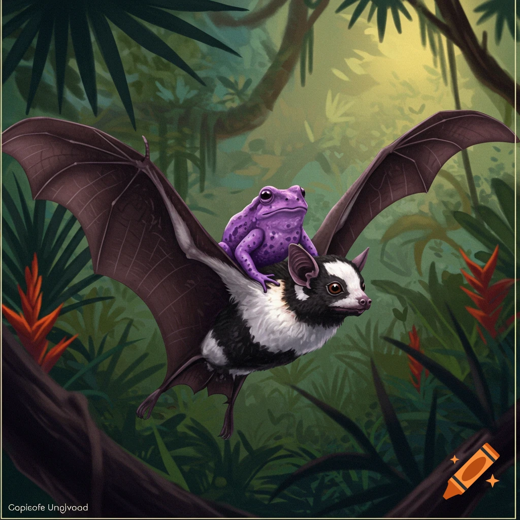 A purple frog rides on the back of a bat flying through a jungle ...