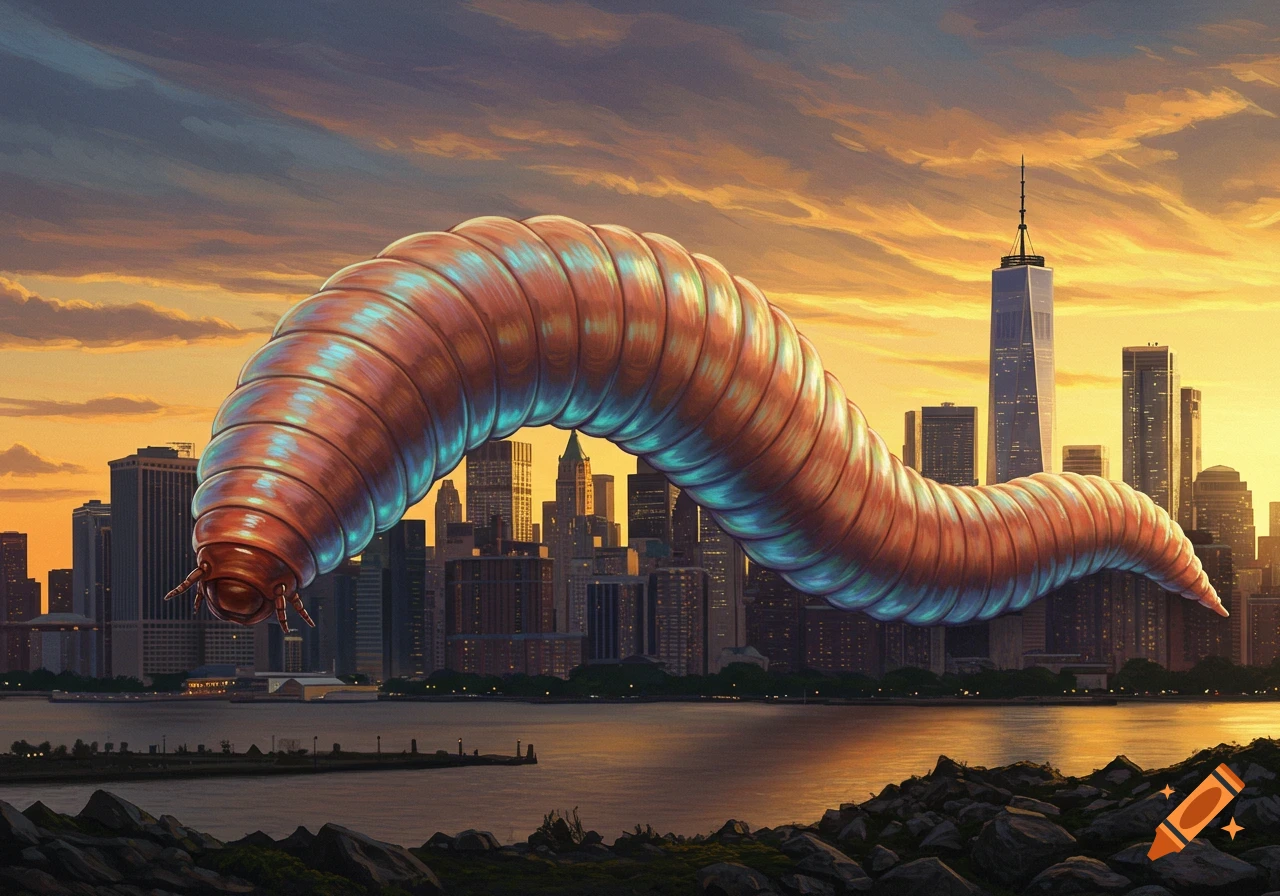 A massive segmented worm floats over a city skyline with a river in the ...