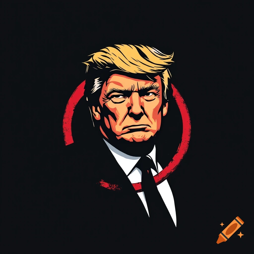 Stylized illustration of Donald Trump with a red circle behind him. on ...