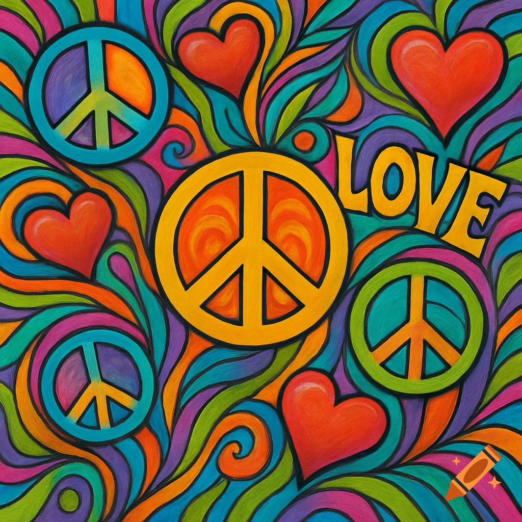 Psychedelic art with peace signs, hearts, swirling patterns, and the ...
