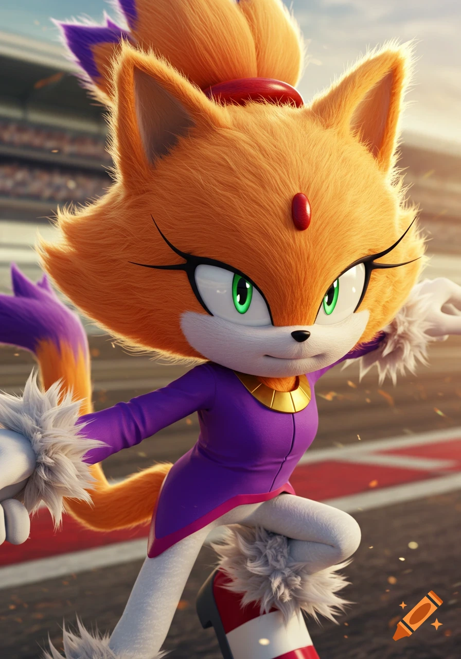 Realistic anime depiction of Blaze the Cat with fluffy fur in a racing ...