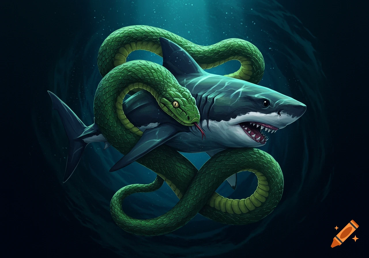Illustration of a green snake wrapped around a shark underwater. on Craiyon