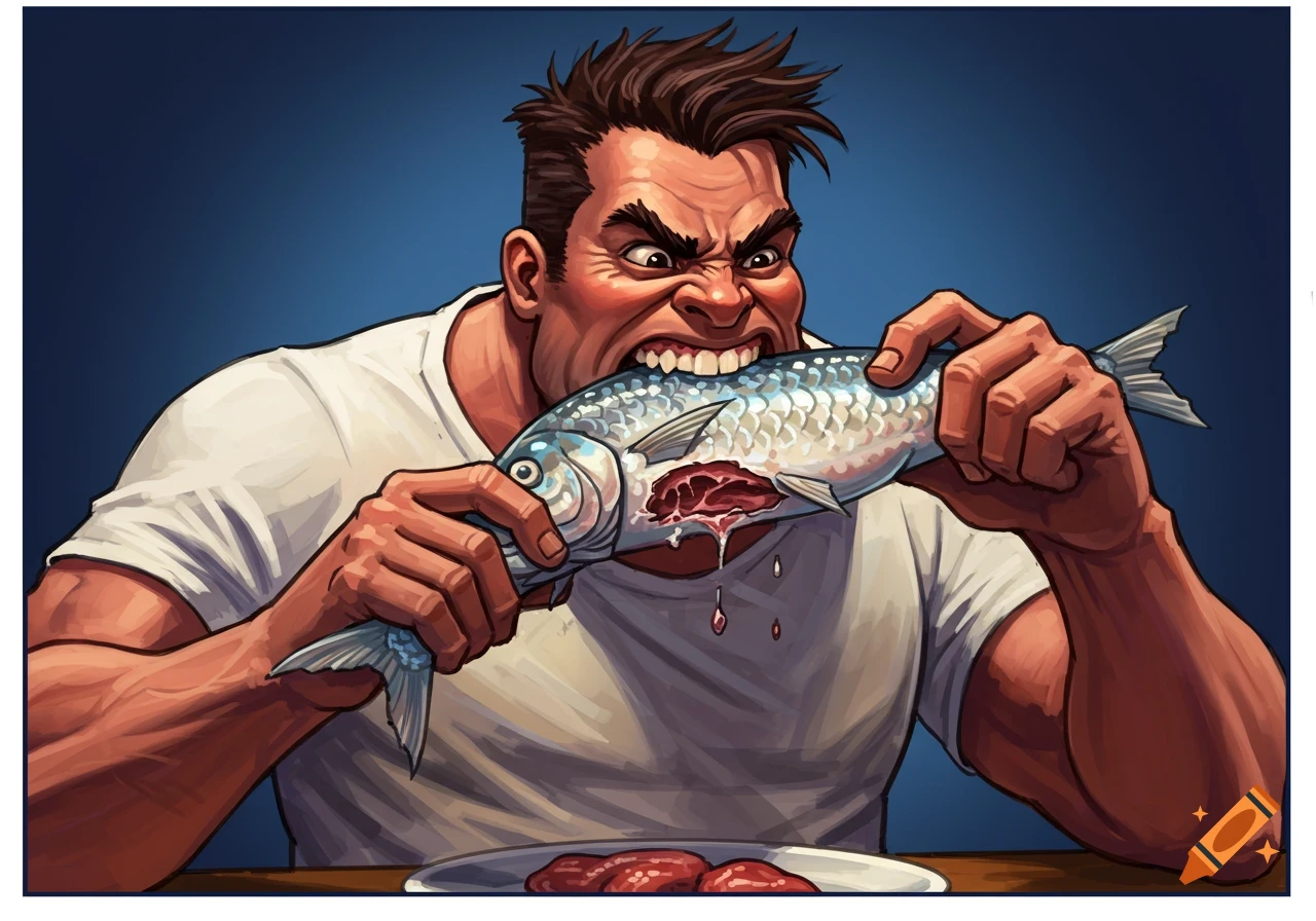 Cartoon illustration of an angry man biting into a fish with exposed ...
