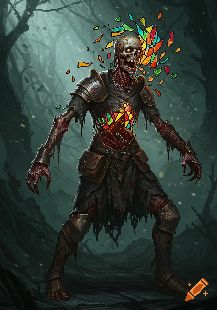 Medieval fantasy zombie with stained glass body parts in a dark forest ...
