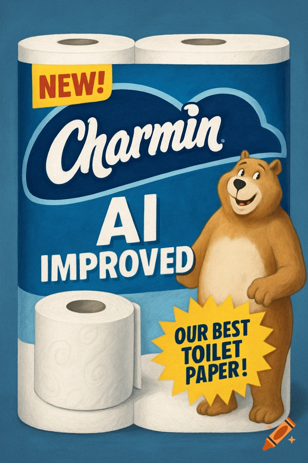 Illustration of a Charmin toilet paper package labeled 'AI Improved ...