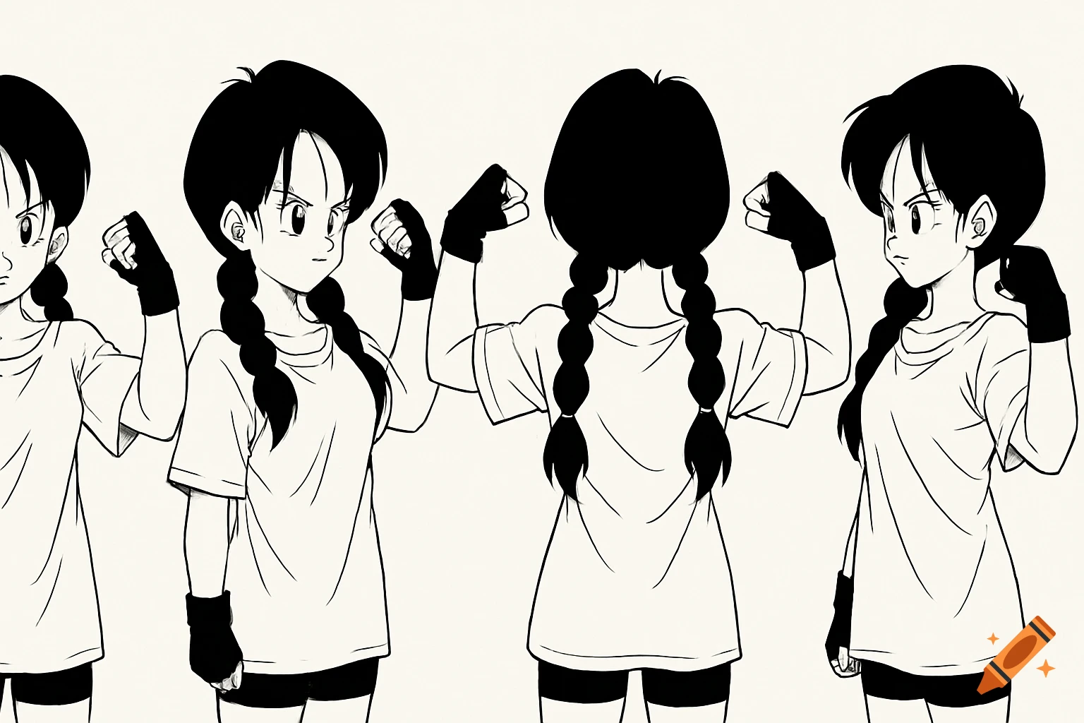 Anime model sheet of Videl from Dragon Ball Z flexing her arms. on Craiyon