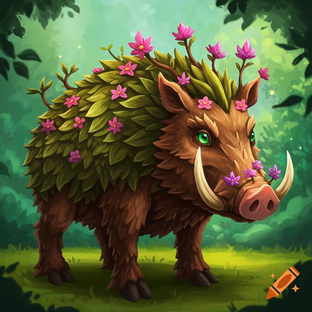 A stylized fantasy creature resembling a boar covered in leaves and ...