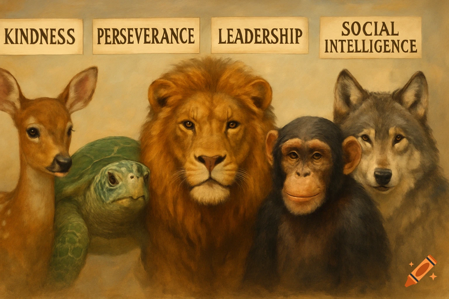 A deer, turtle, lion, chimpanzee, and wolf stand side-by-side under ...