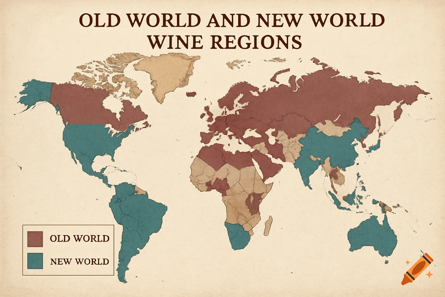 A world map showing old world and new world wine regions, colored in ...