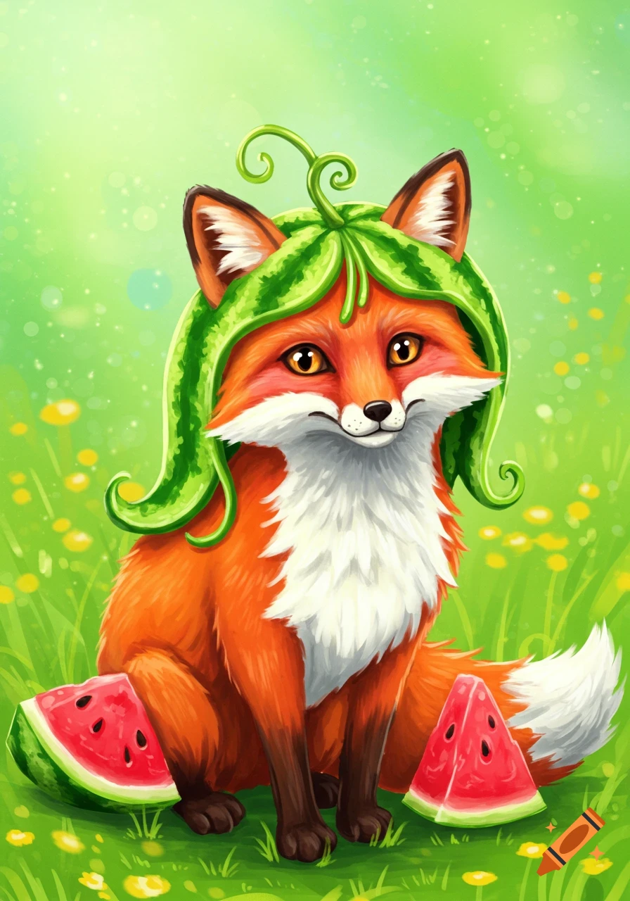 A cartoon fox wearing a watermelon rind hat sits in a field with ...