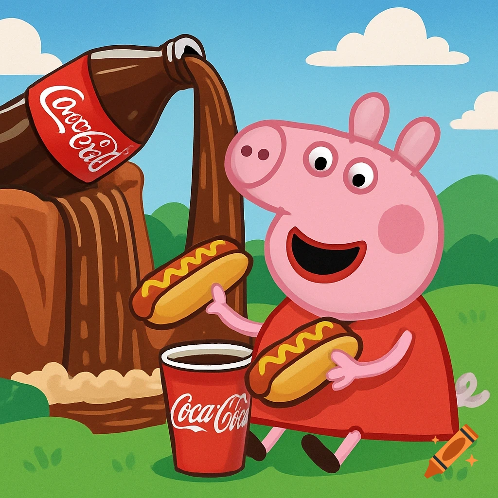 Cartoon of Peppa Pig holding hot dogs next to a Coca-Cola cup, with a ...